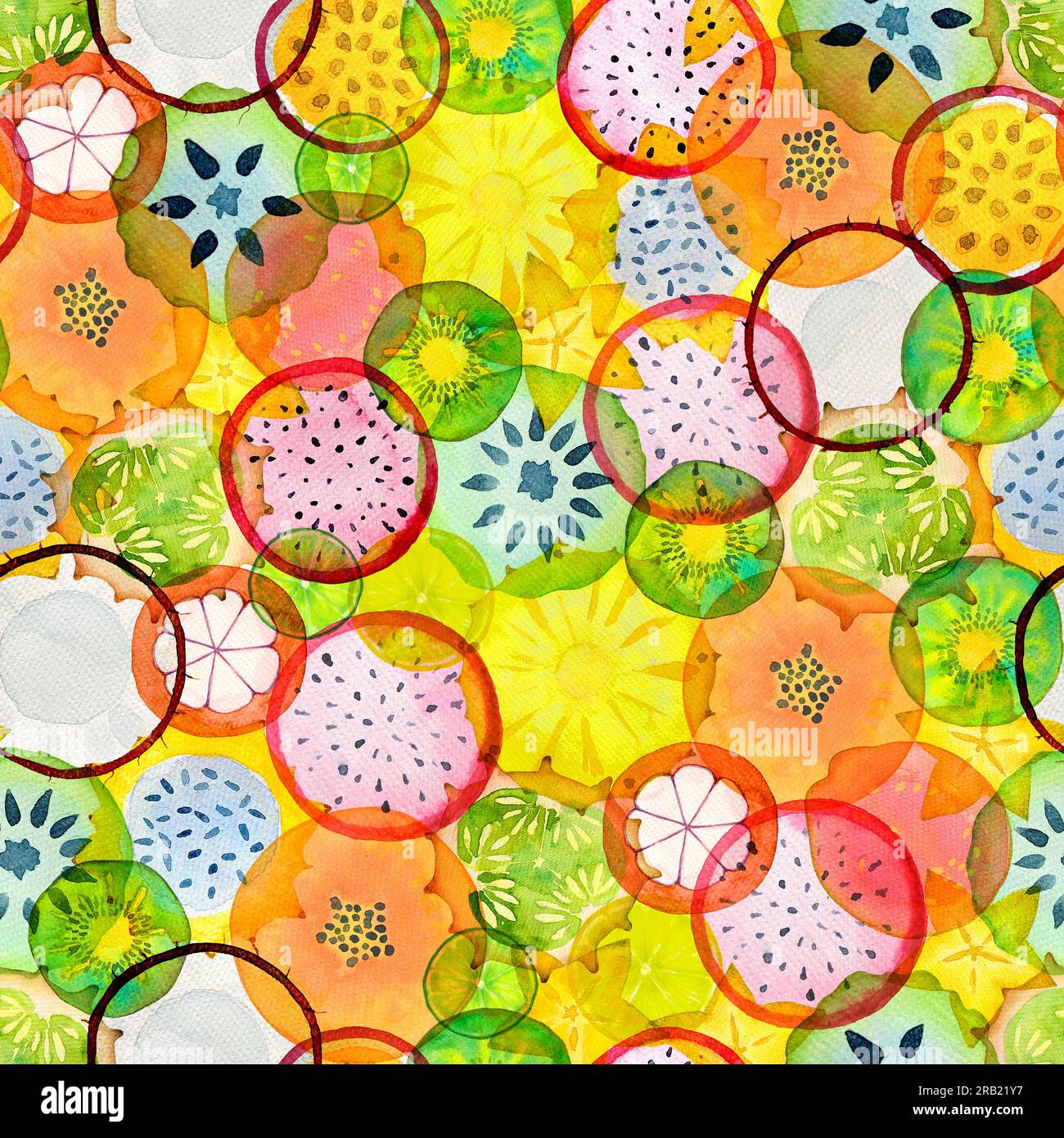 Seamless pattern with exotic tropical fruits slices. Watercolor hand ...