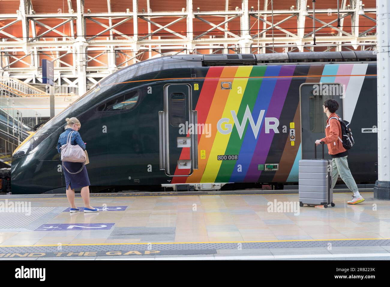 London UK. 5th July. GWR train locomotives painted rainbow colors ...
