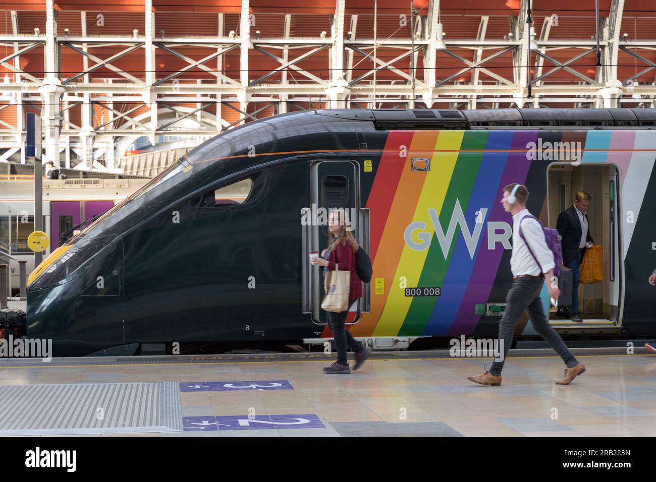 London UK. 5th July. GWR train locomotives painted rainbow colors ...