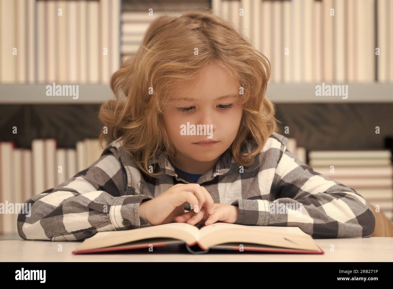 Portrait of school boy reading book in library. Kids development, learn ...