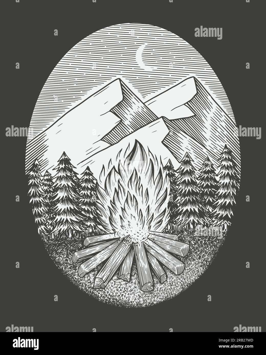 Hand drawn camping bonfire. with mountain and forest. vintage vector ...