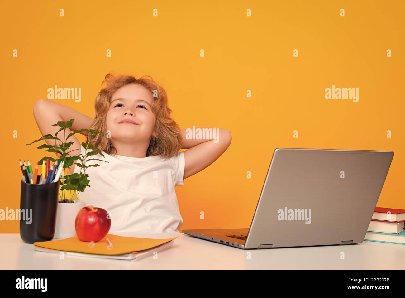 School child using laptop computer. School kid student learning, study ...