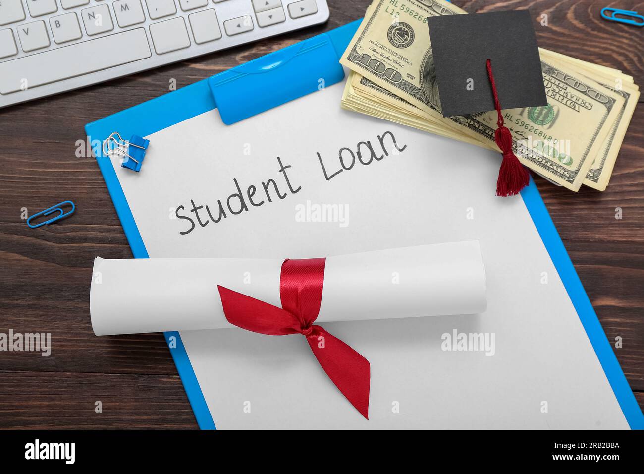Diploma, dollar banknotes, graduation cap and paper sheet with text ...