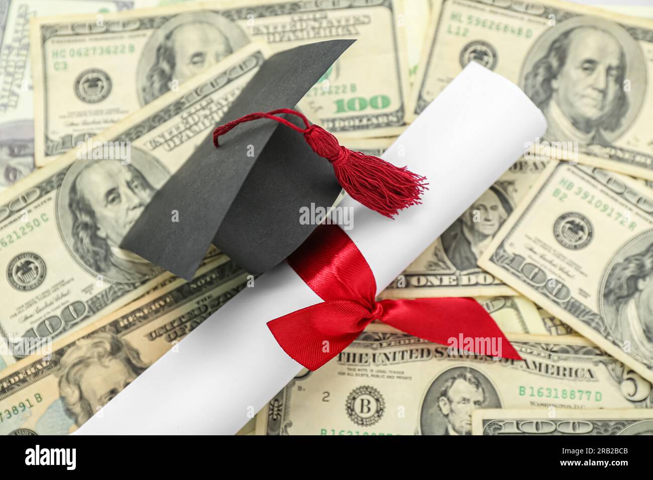 Graduation cap and diploma on dollar banknotes. Student loan concept ...