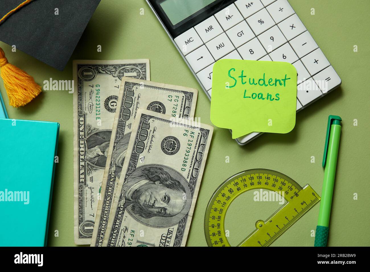 Sticky note with text STUDENT LOANS, graduation cap, dollar banknotes ...