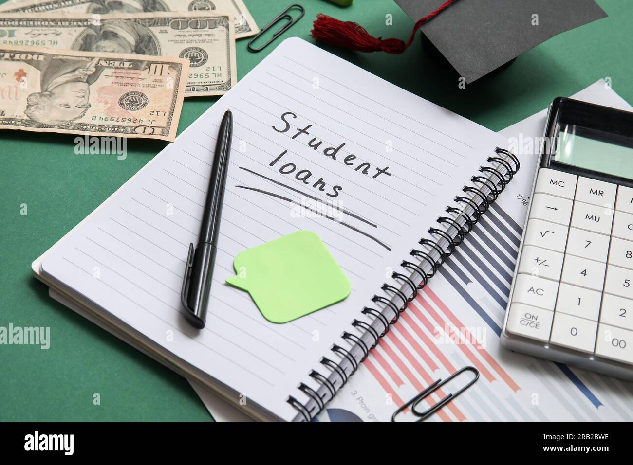 Notebook with text STUDENT LOANS, dollar banknotes, calculator and ...