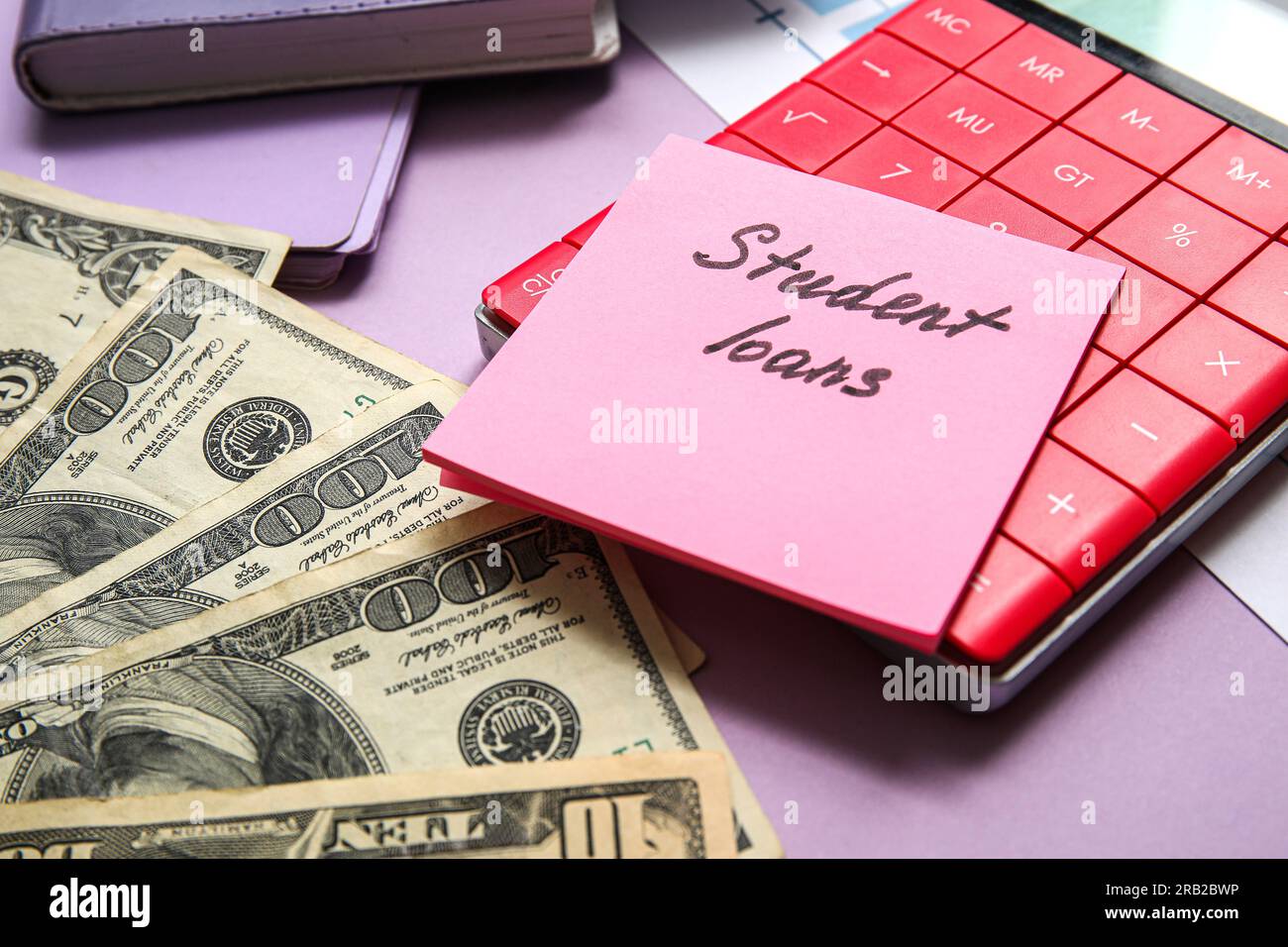 Sticky note with text STUDENT LOANS, calculator and dollar banknotes on ...
