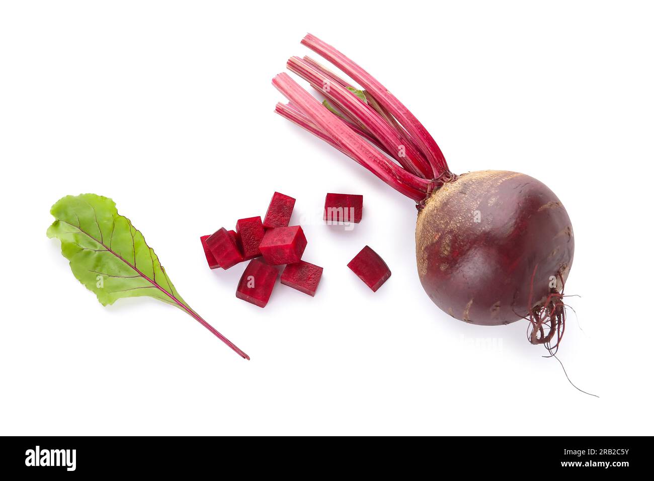 Fresh beet, cut pieces and leaf on white background Stock Photo - Alamy