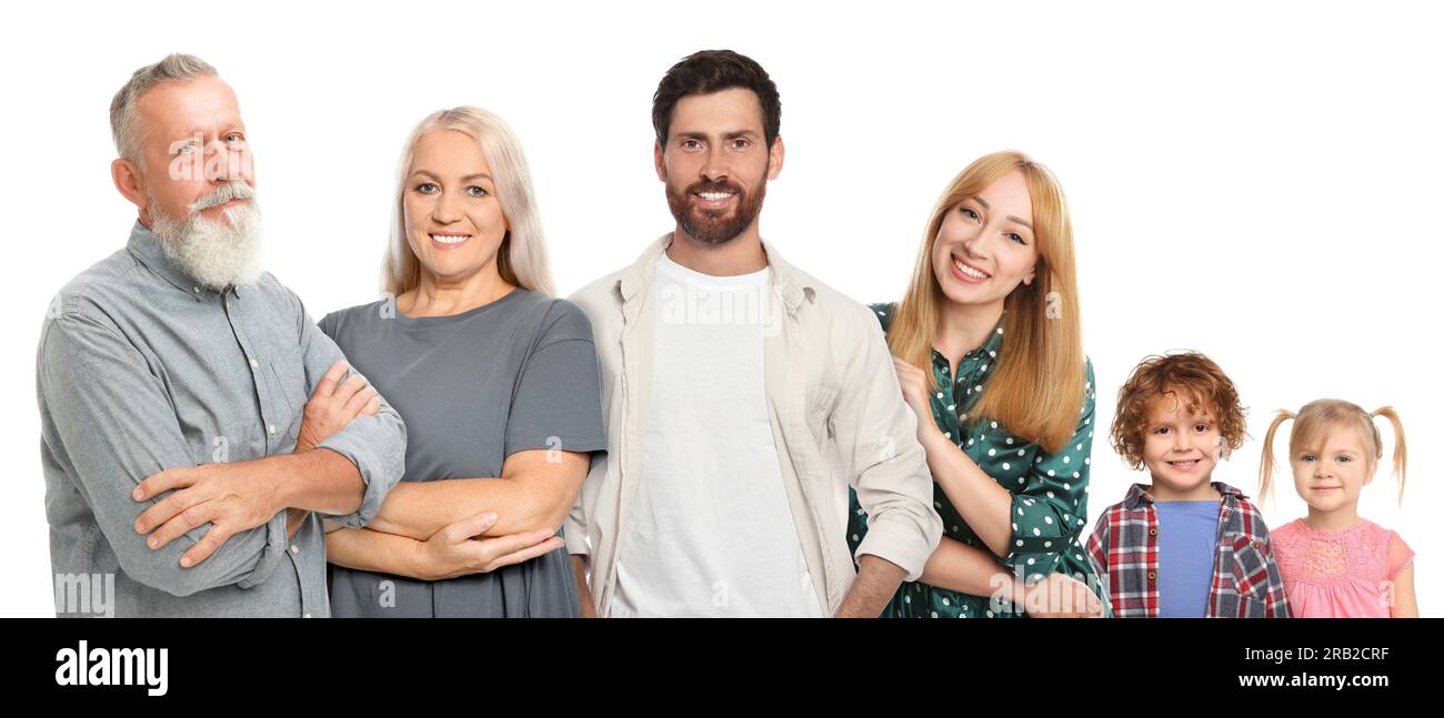 People of different ages on white background. Three generations of ...