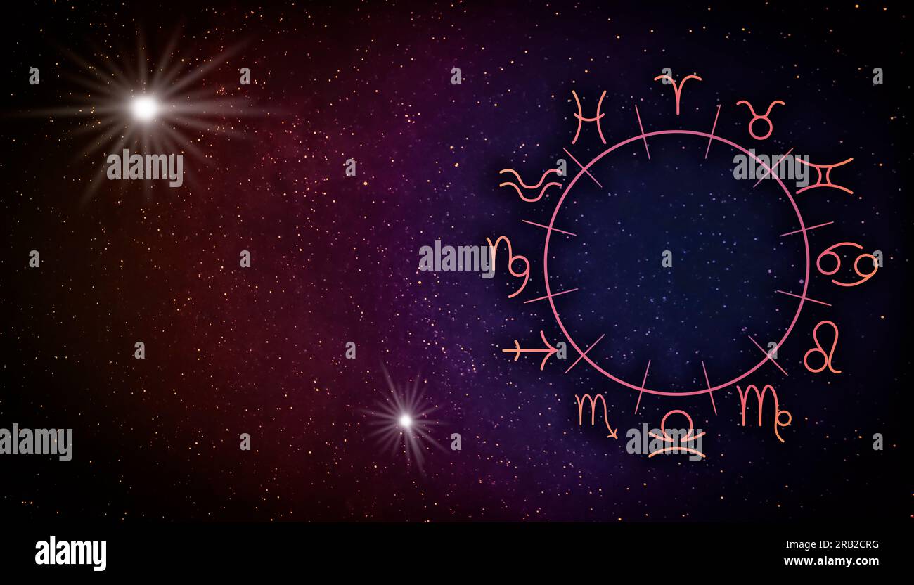 Zodiac wheel with twelve signs on starry sky background, space for text ...