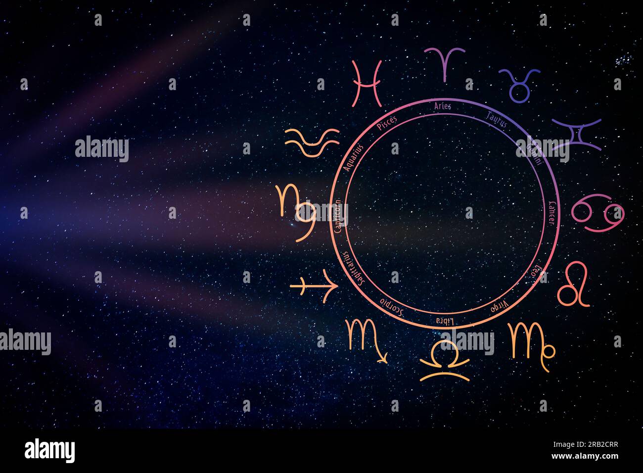 Zodiac wheel with twelve signs on starry sky background, space for text ...