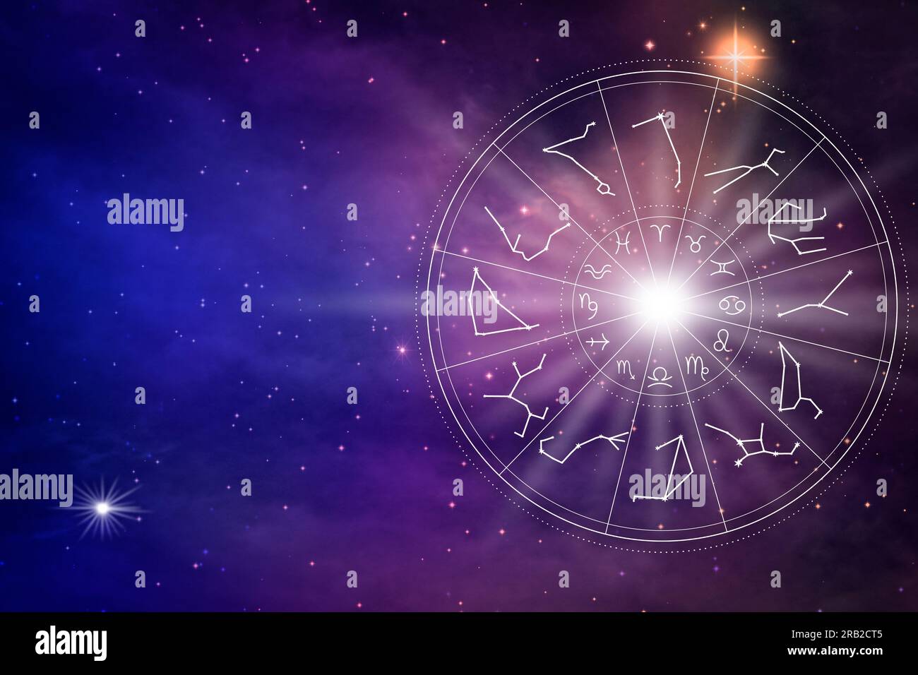 Zodiac wheel with twelve signs on starry sky background, space for text ...