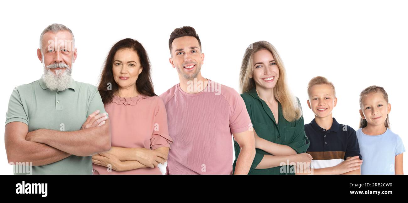 People of different ages on white background. Three generations of ...