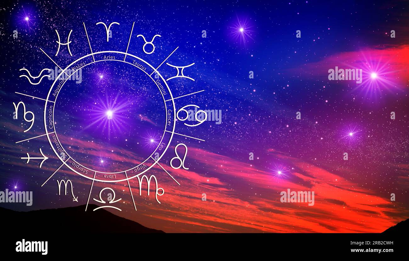 Zodiac wheel with twelve signs on starry sky background, space for text ...