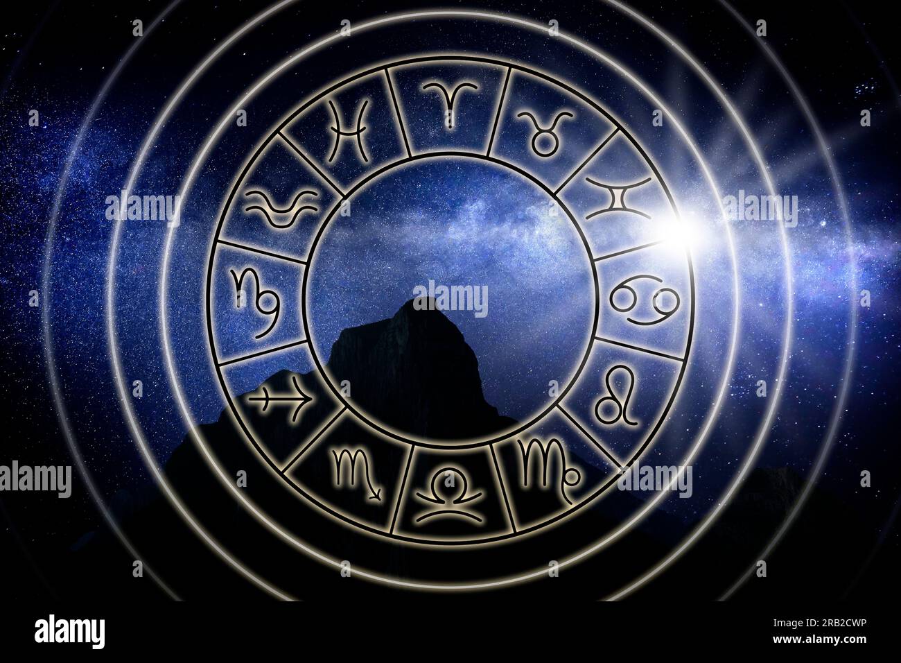 Zodiac wheel on mountain landscape with starry sky as background ...