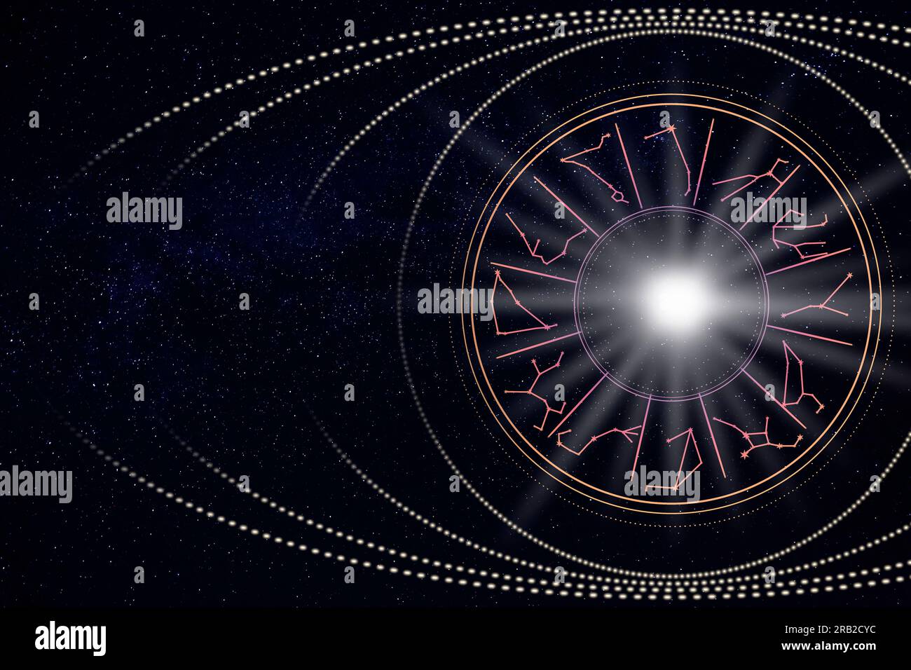 Zodiac wheel with twelve signs on starry sky background, space for text ...