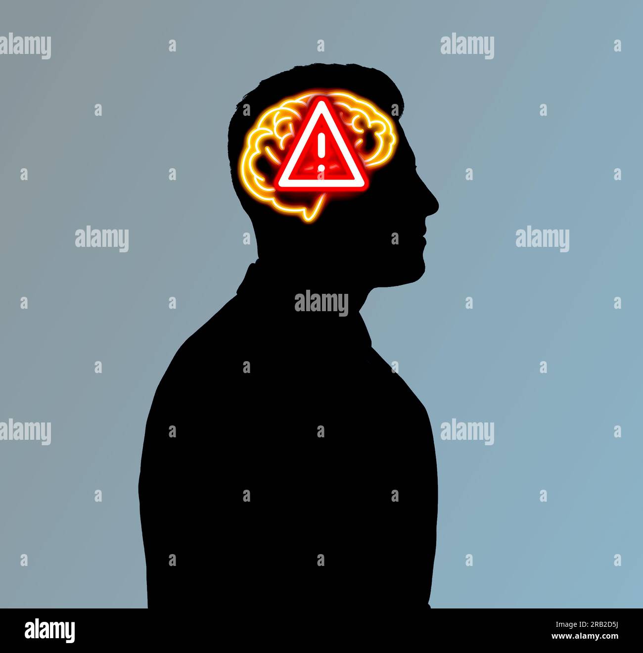 Silhouette of man with illustration of brain and warning sign ...