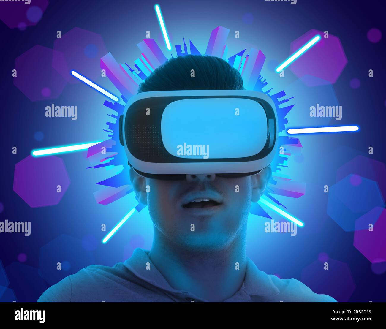 Metaverse. Man using virtual reality headset. Cyber city around his ...