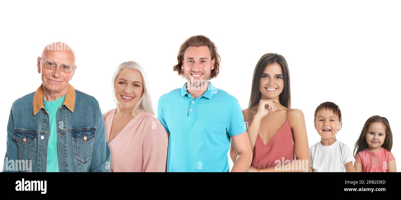 People of different ages on white background. Three generations of ...