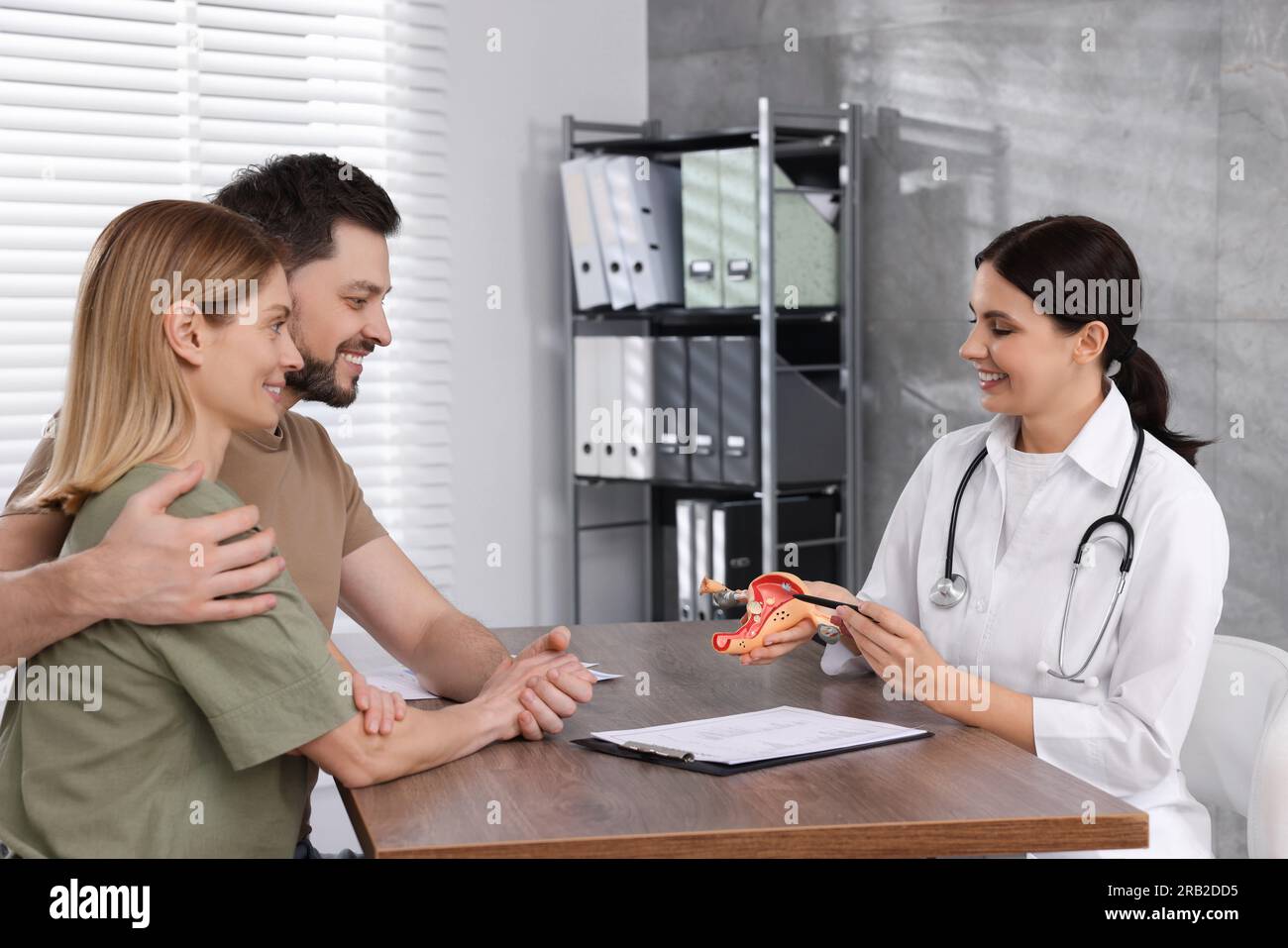 Fertility doctor demonstrating model of female reproductive system to ...