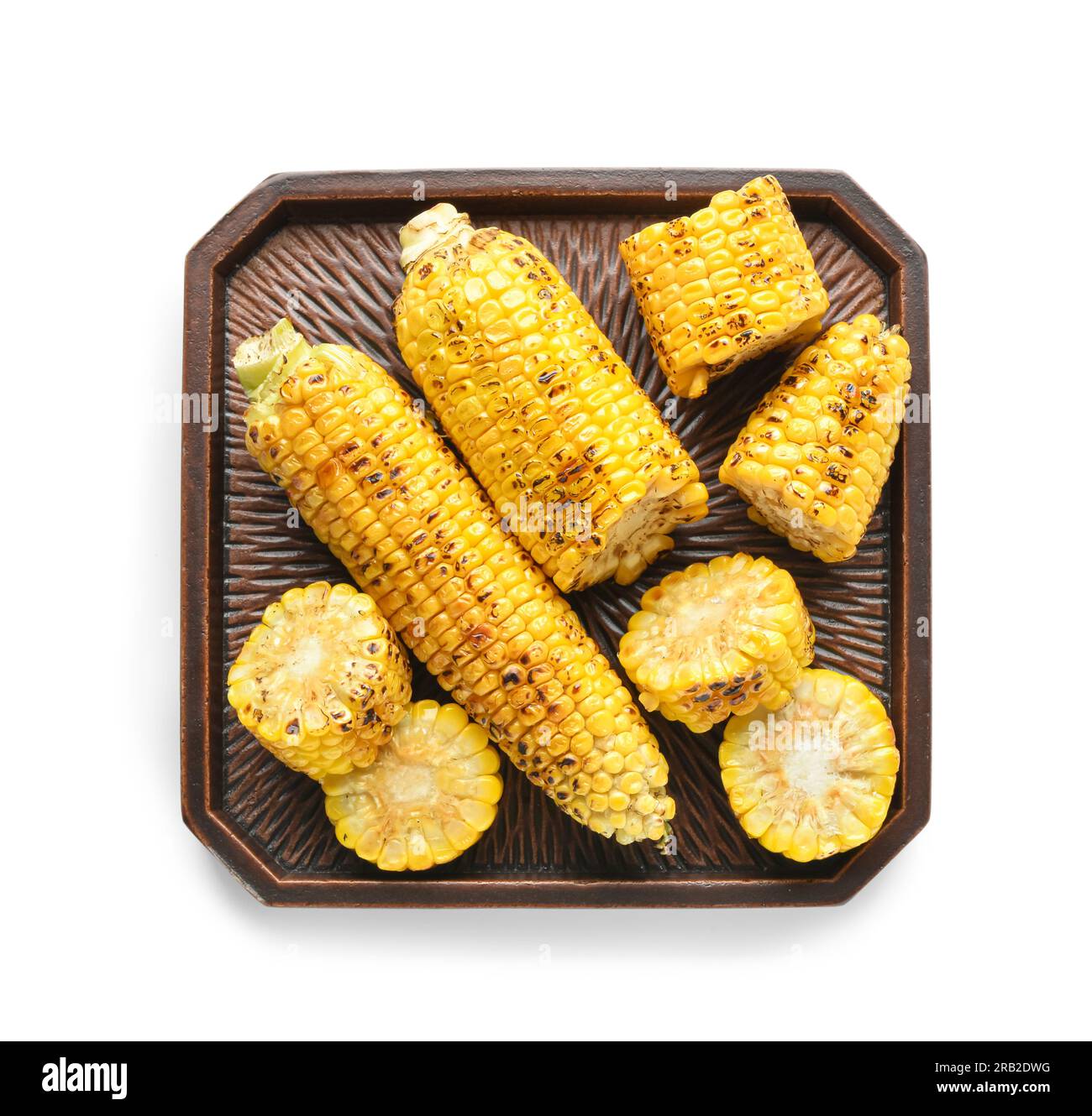 Tray with tasty grilled corn cobs on white background Stock Photo - Alamy