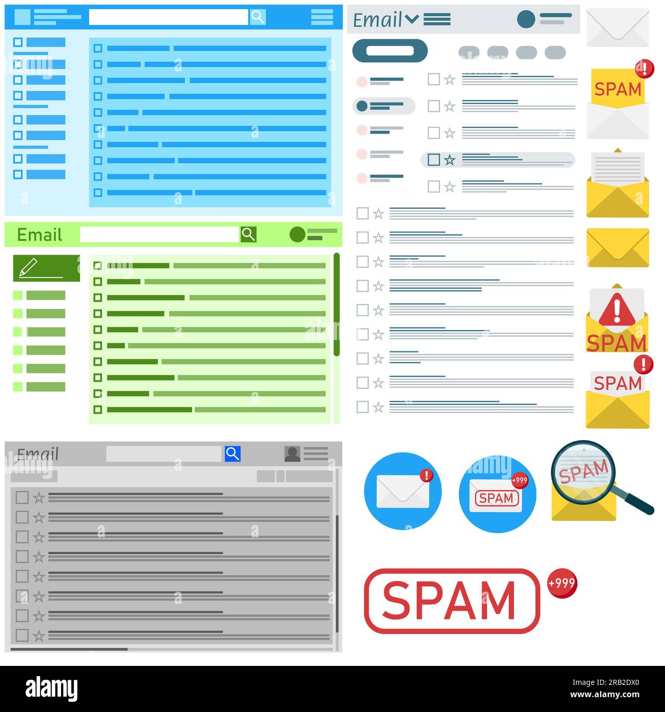Illustrations of different email app interfaces with spam warning icons ...