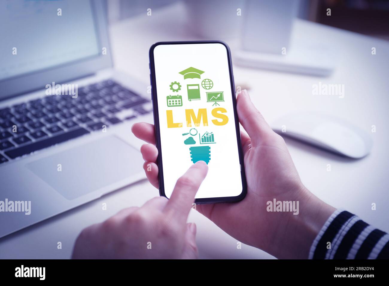 Learning management system. Woman using mobile phone at table, closeup. Different icons and ...