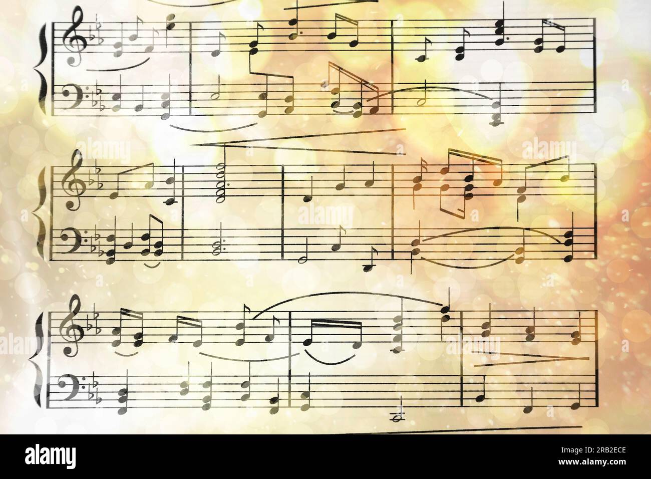 Sheet with music notes as background, top view. Bokeh and color tone ...