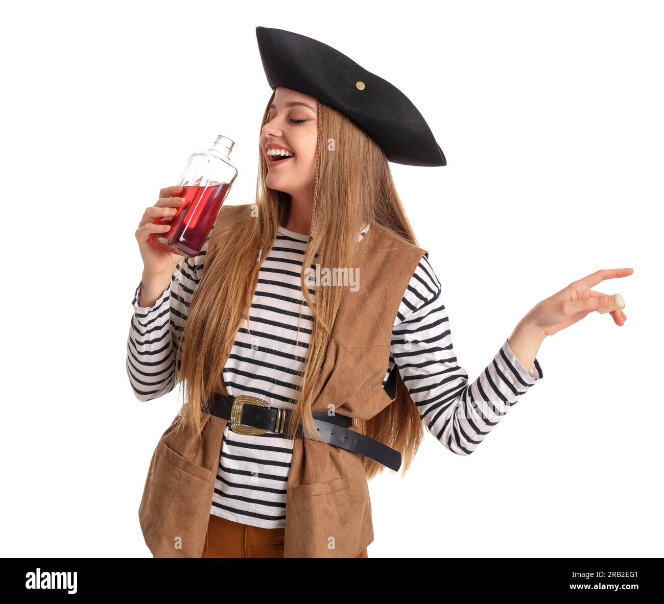 Beautiful female pirate with bottle of rum on white background Stock ...
