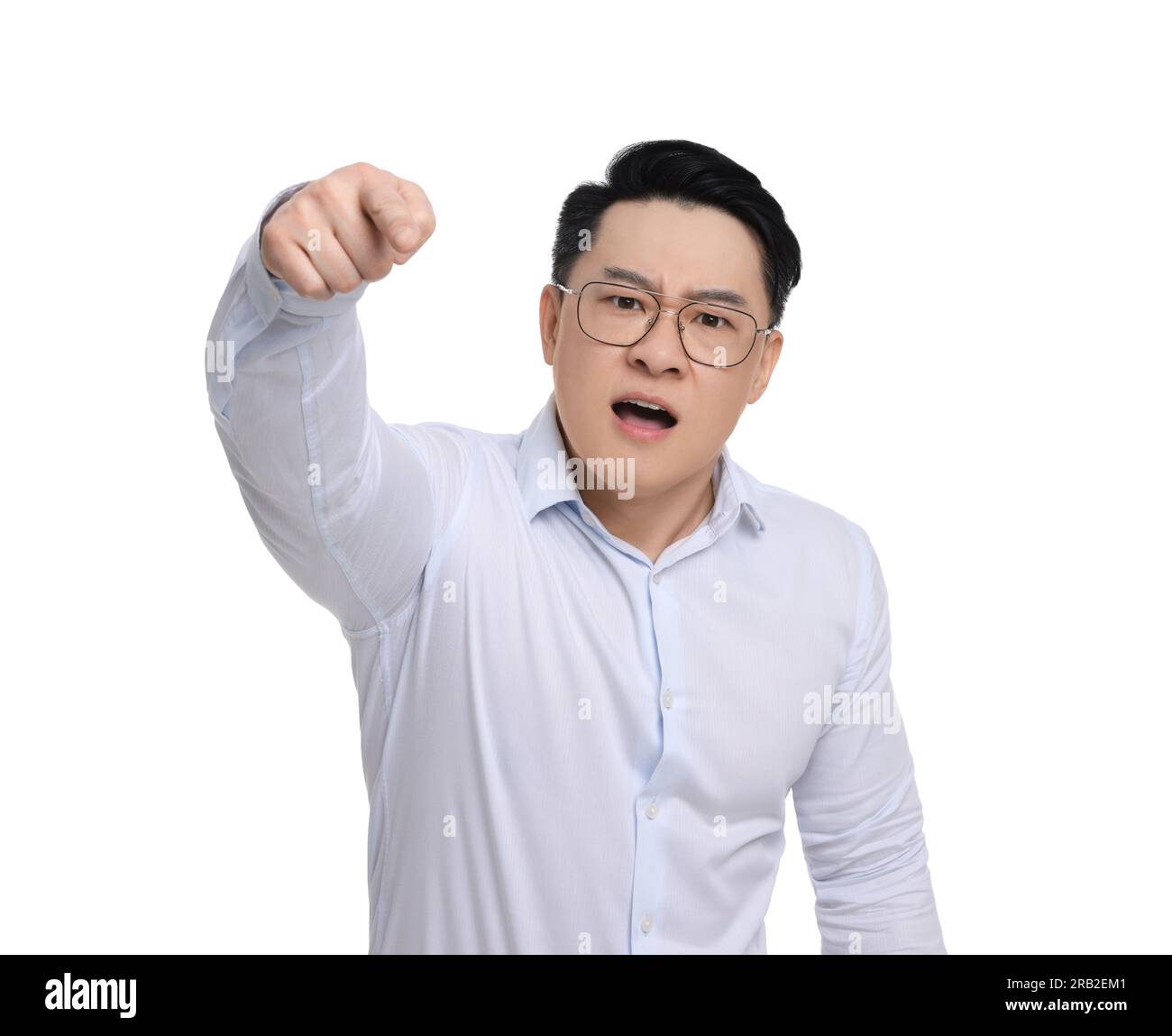 Angry businessman in formal clothes screaming on white background Stock ...