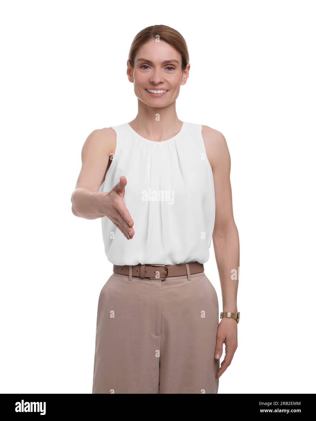 Beautiful happy businesswoman giving handshake on white background ...