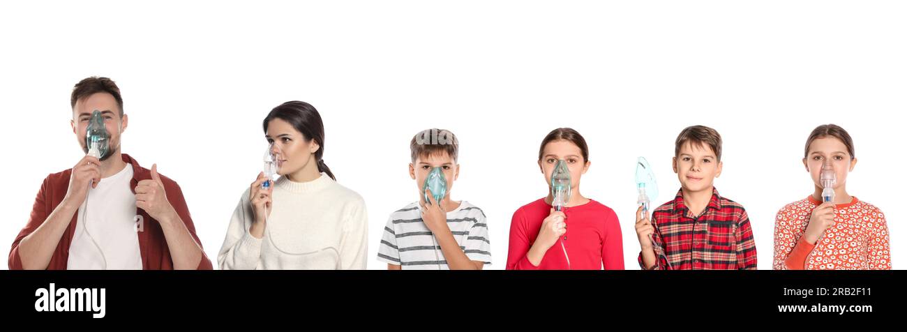 Inhalation therapy. Collage with photos of people using nebulizers on ...