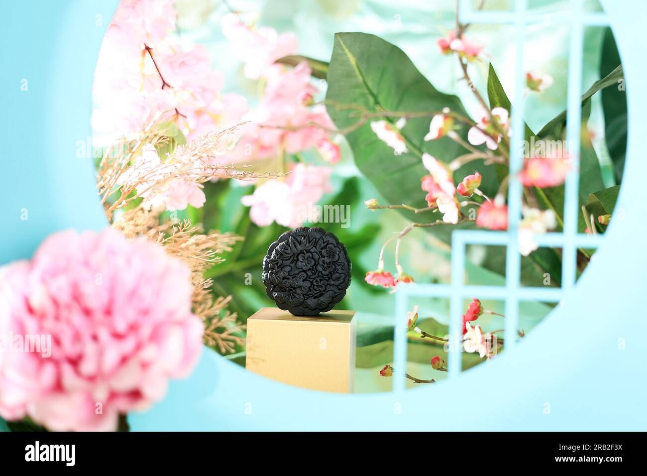 Black Round Mooncake, Kue Bulan with Black Sesame Charcoal with Flower ...