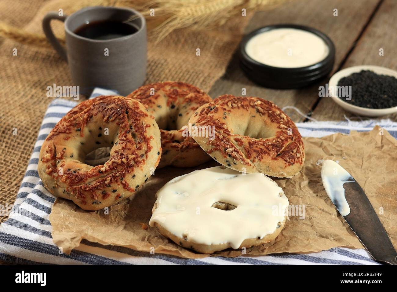 Black Sesame Seed Sourdough Bread with Cheese Sauce Spread Stock Photo ...