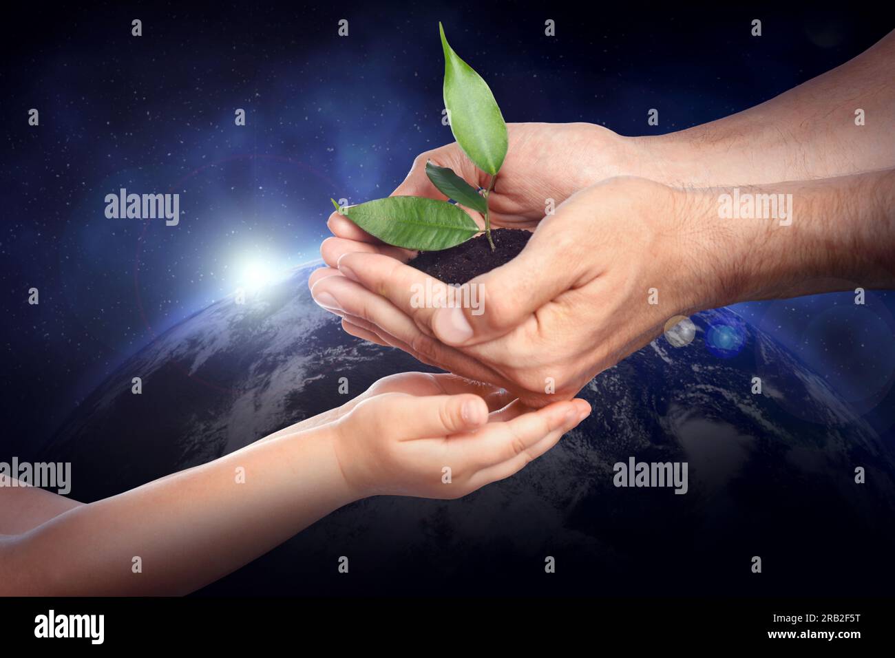 Make Earth green. Man passing soil with seedling to his child, closeup ...