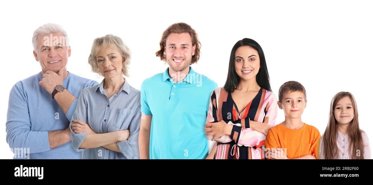 People of different ages on white background. Three generations of ...