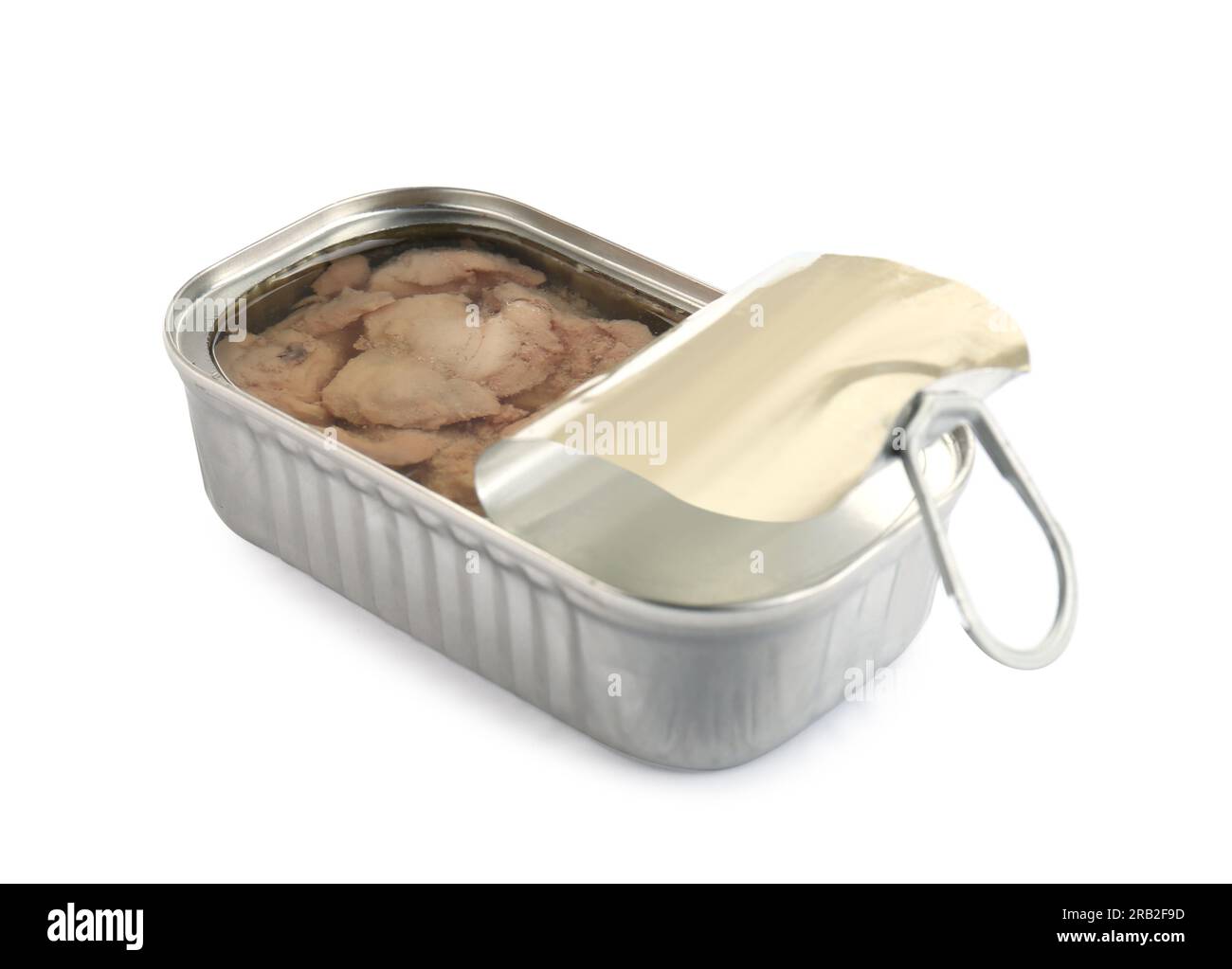 Open tin can of tasty cod liver on white background Stock Photo - Alamy