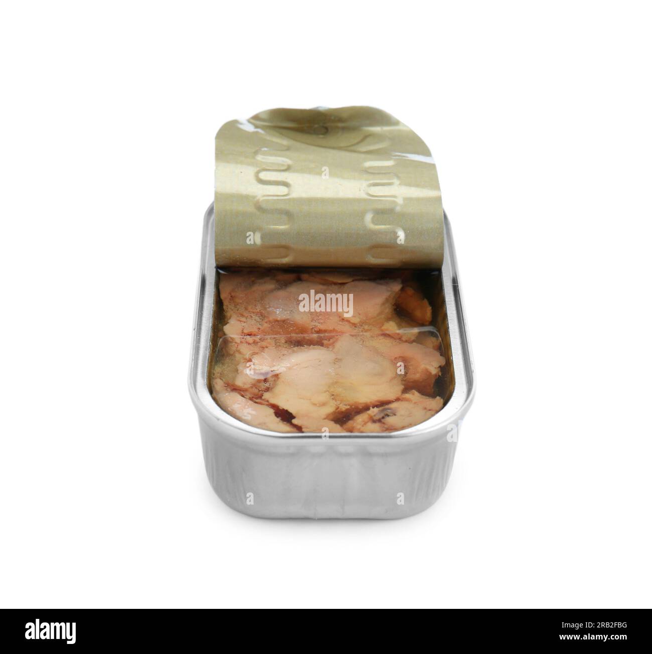 Open tin can of tasty cod liver on white background Stock Photo - Alamy
