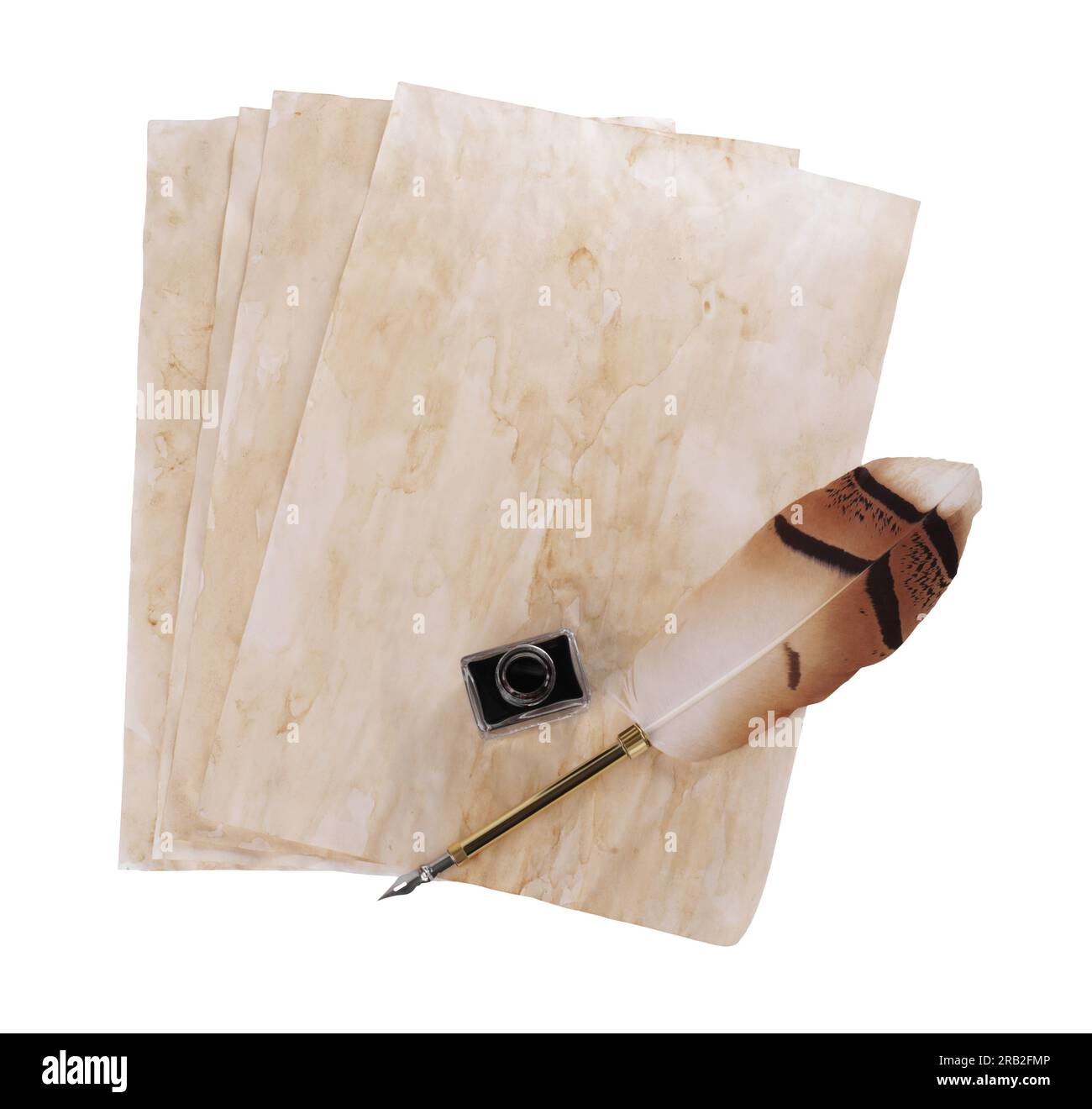 Inkwell, fountain pen and parchment on white background, top view Stock ...