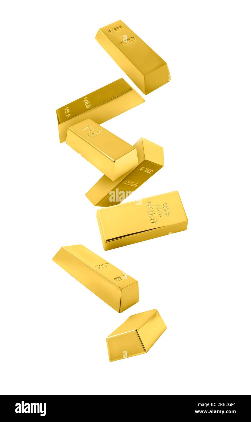 Many gold bars falling on white background Stock Photo - Alamy