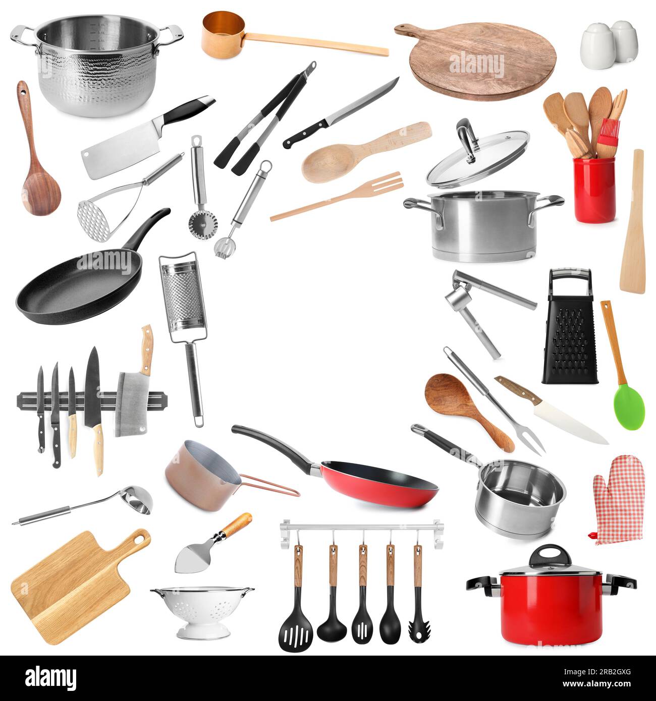 Frame of different kitchenware on white background, space for text ...