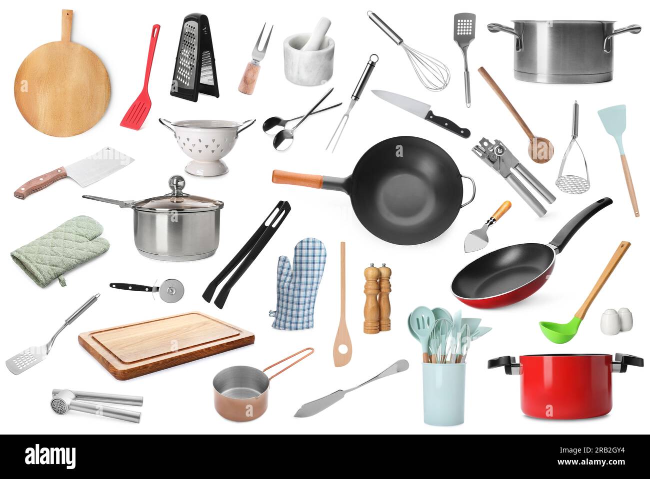 Set of different kitchenware on white background Stock Photo - Alamy