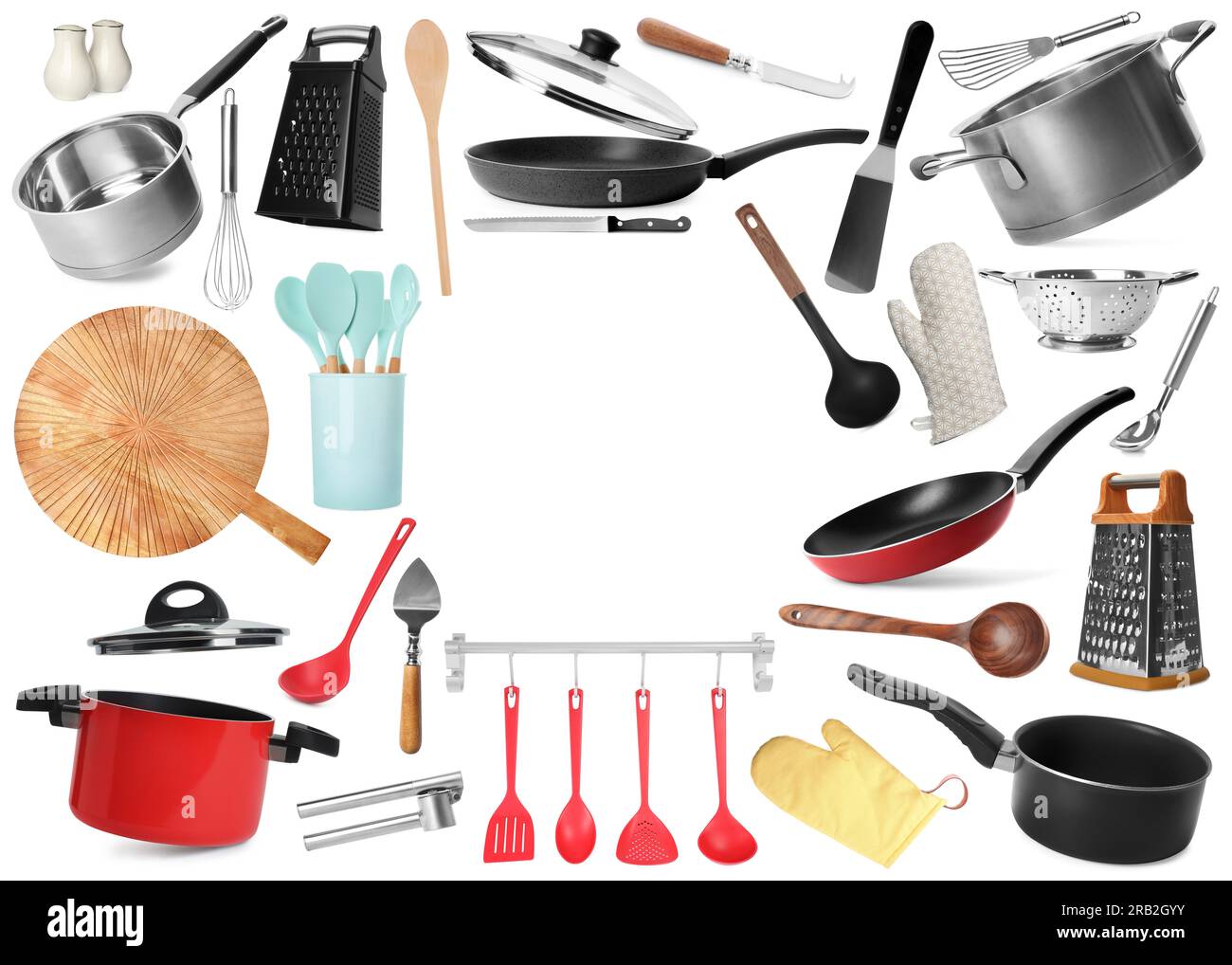 Frame of different kitchenware on white background, space for text ...