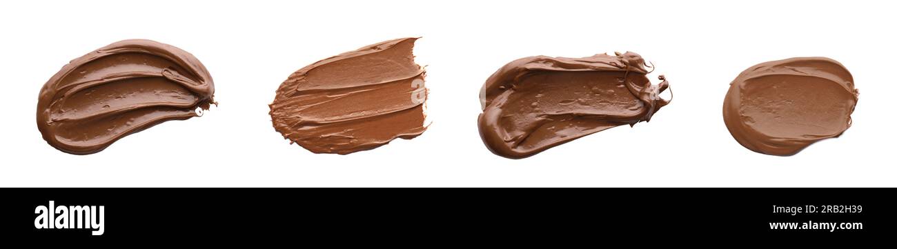 Yummy chocolate paste on white background, top view. Collage design ...