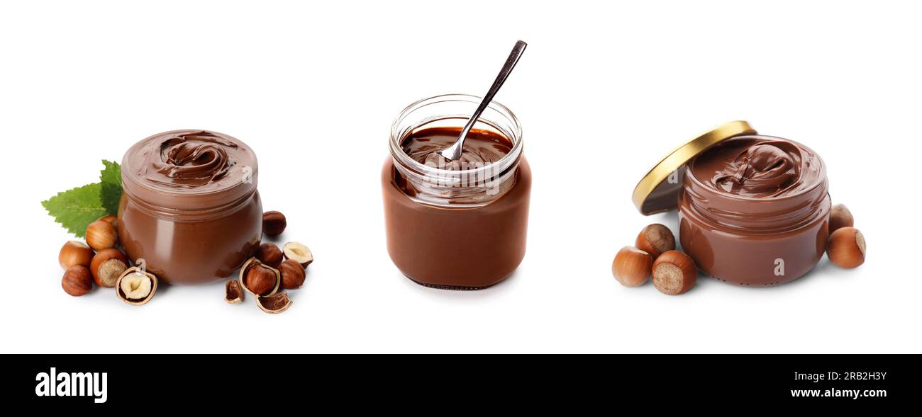 Yummy chocolate paste in jars and hazelnuts on white background ...