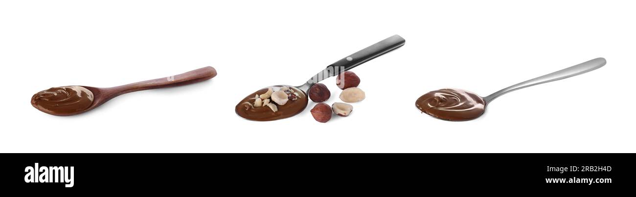 Yummy chocolate paste in spoons and hazelnuts on white background ...