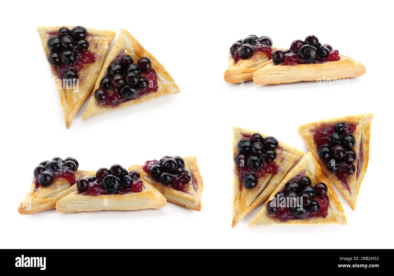 Collage of tasty puff pastry with berry jam on white background, top ...