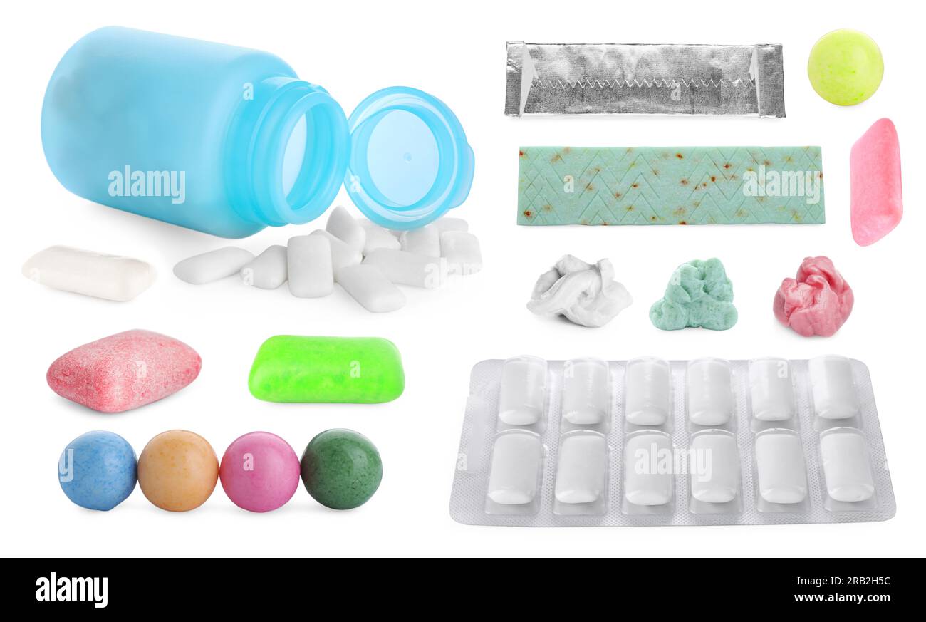 Set of different chewing gums on white background Stock Photo - Alamy