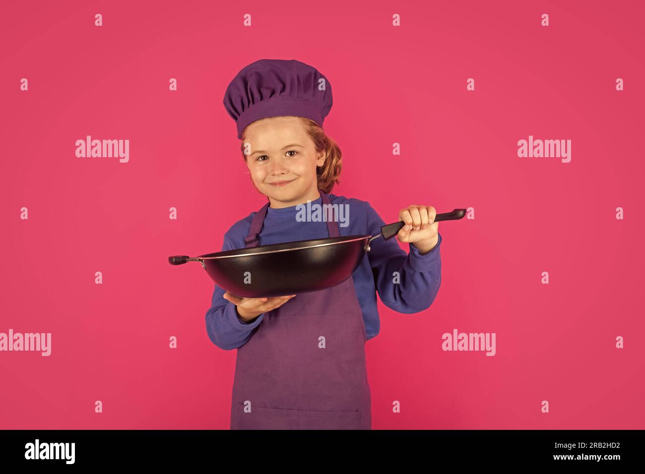 Kid cook with cooking pan. Cooking children. Chef kid boy making ...