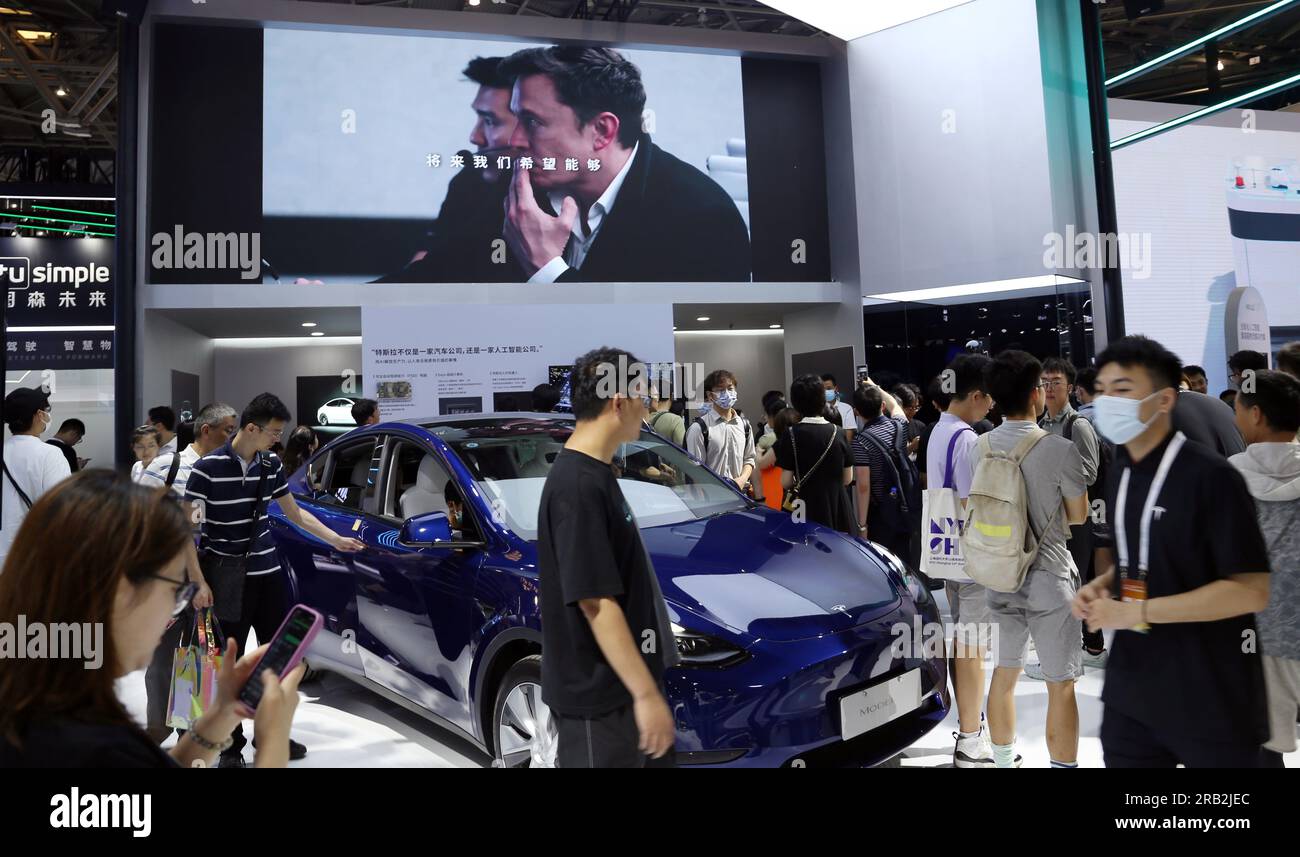 Shanghai China July 6 2023 Visitors Visit The Tesla Booth At The